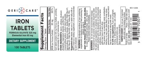Gericare Iron Tablets, Ferrous Sulfate Tablets 325Mg, Elemental Iron 65 ...