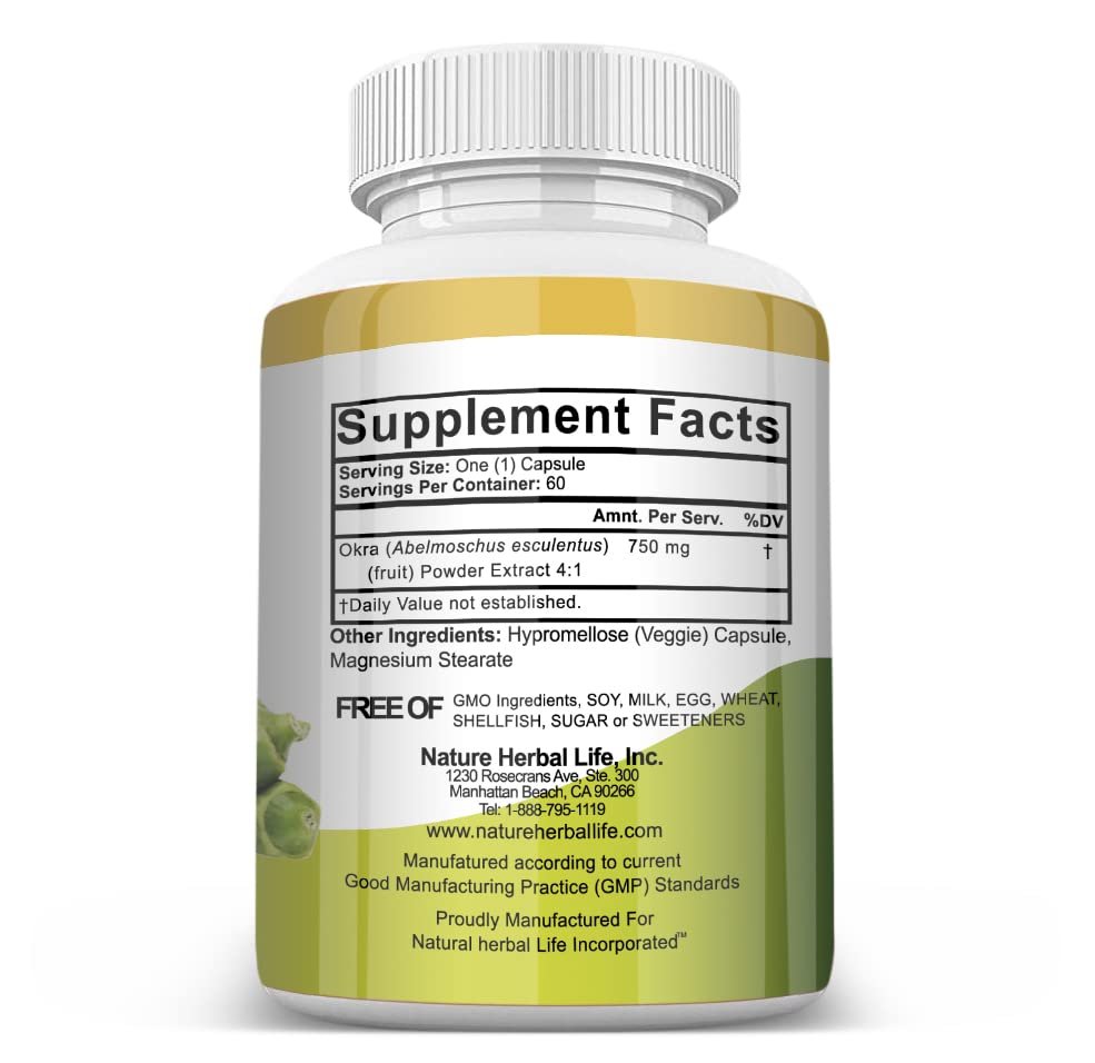 Natural Okra Capsules 750 Mg. One Bottle. 60 Vegetarian Capsules. Okra ...