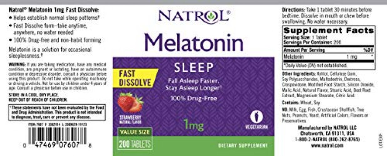 Natrol Melatonin 1Mg, Strawberry-Flavored Dietary Supplement For Restful Sleep*, 200 Fast ...