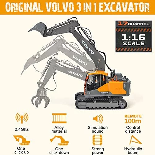 Double e 17 channel full functional remote control truck metal shovel rc excavator with 2 bonus drill and grasp store