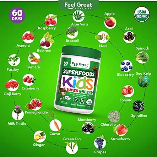 Feel Great Usda Organic Super Greens For Kids | Vegan Chocolate Greens ...