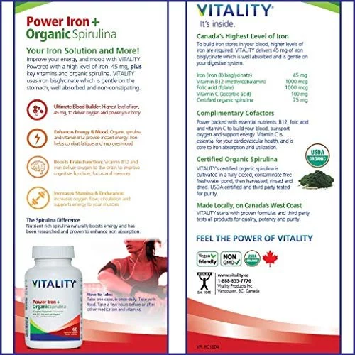 Vitality Power Iron + Spirulina | 45Mg Iron | Blood Builder | Iron ...