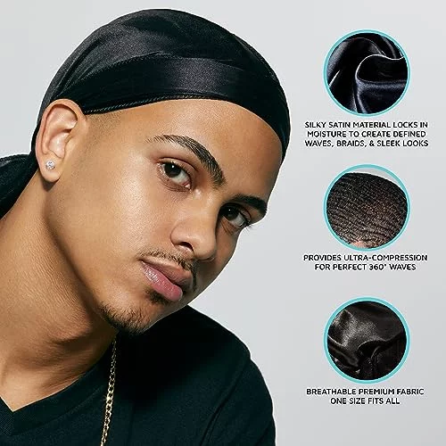 Kiss Colors & Care Power Wave Silky Satin Durag - Black, Maximum Wave ...