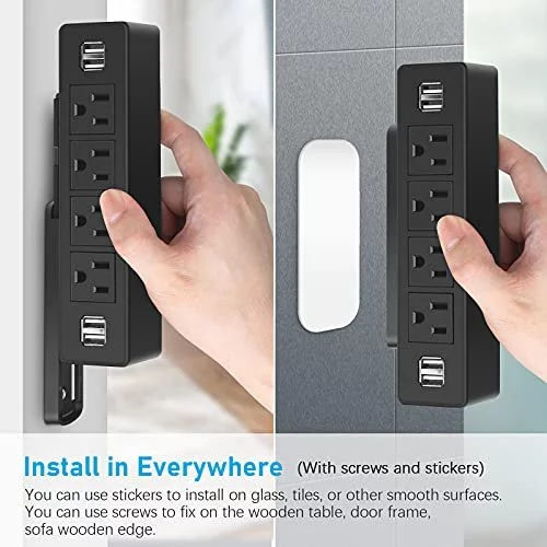 Under Desk Power Strip, Adhesive Wall Mount Power Strip with USB, Black ...