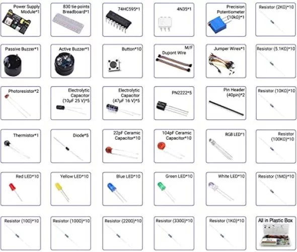 Basic Electronics Component Kit MB102 Resistors Capacitor Buzzer ...