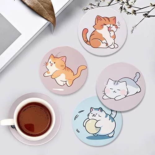 6 Pcs Cute Coasters Funny Cat Coasters with Holder Absorbent Ceramic Coasters for Table Drink Coaster Gift Round Multicolor Beverage Beer Coasters Be Imported Products from USA iBhejo