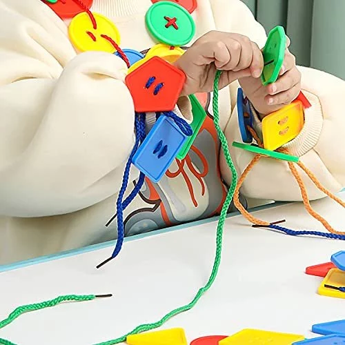 70 Pcs Montessori Lacing Threading Toy - Geometric Shaped Large Beads ...