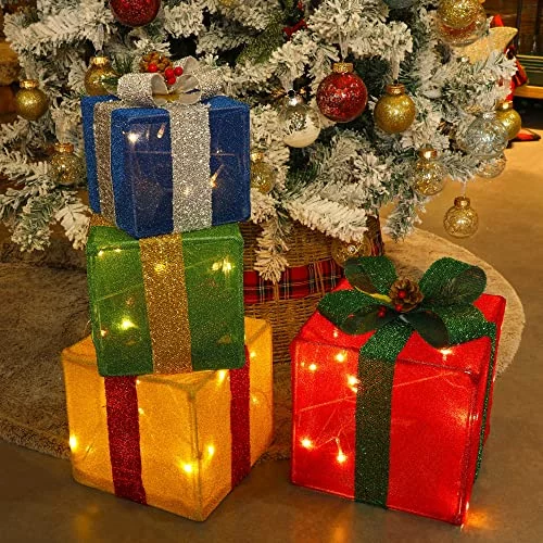 Set of 4 Christmas Lighted Gift Boxes Decorations, Pre-lit Tinsel ...