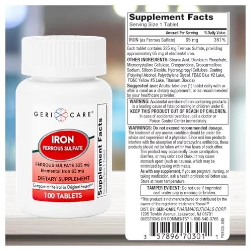 Gericare Iron Tablets, Ferrous Sulfate Tablets 325Mg, Elemental Iron 65 ...