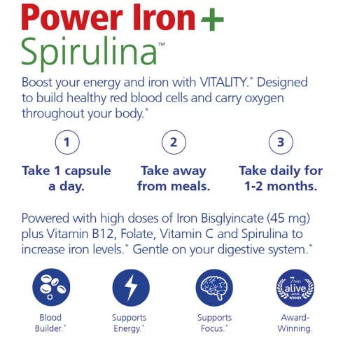 Vitality Power Iron + Spirulina | 45Mg Iron | Blood Builder | Iron ...