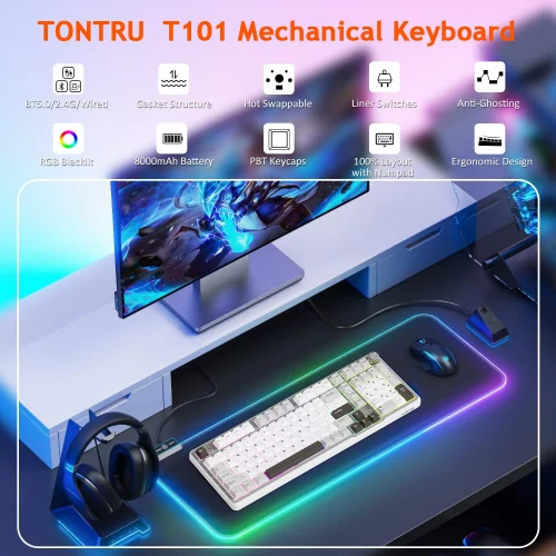 TONTRU Wireless Mechanical Gaming Keyboard, Tri-Mode Connectivity ...